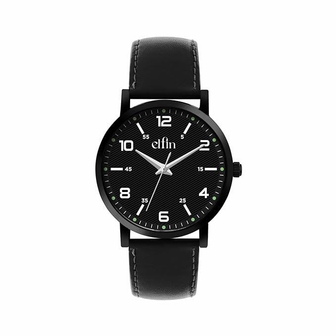 Sleek All Black Analog Black Leather Strap Watch for Men ELFM003B ...